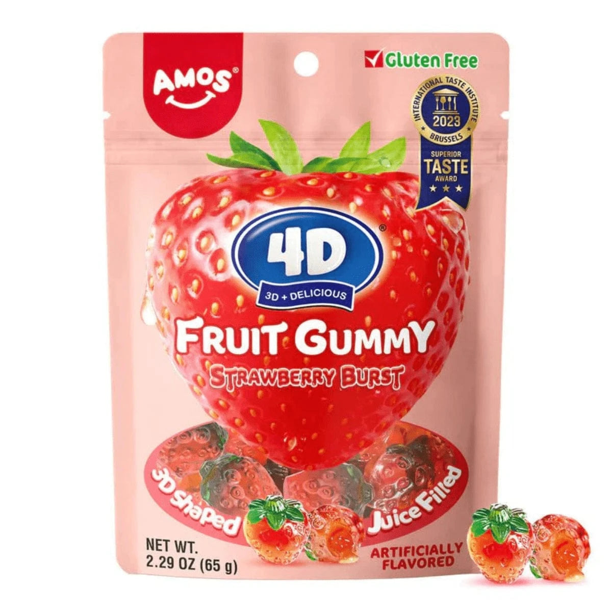 Amos 4D Fruit Gummy Strawberry Burst 65g – Blanda Drops AS